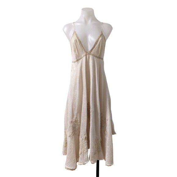 Chan Luu | Dresses | Chan Luu Size Small Embroidered Empire Shift Dress Tan Silk Cut Out Halter ...